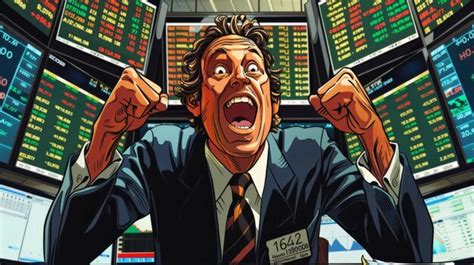 ecstatic stock trader celebrating his success in front of multiple
