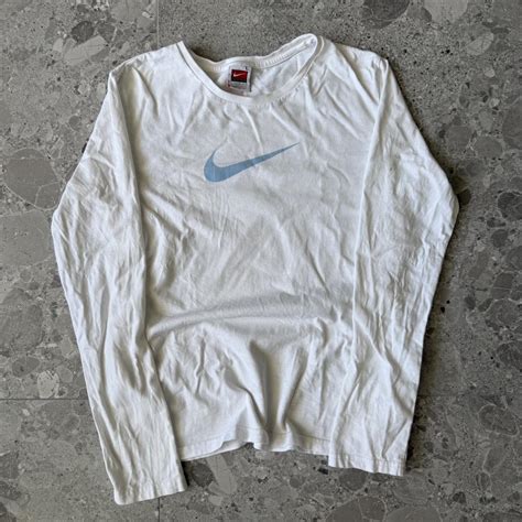 Nike White And Blue Long Sleeve Shirt Vintage Nike Depop