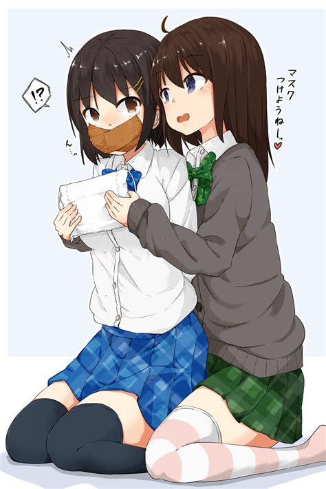 Safebooru 2girls Ahoge Arms Behind Back Blue Eyes Bow Brown Eyes