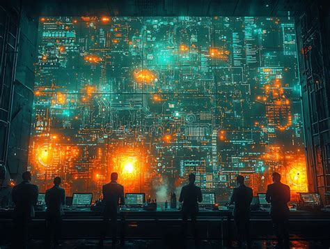 Silhouetted Figures Monitor A Sprawling Futuristic Data Stream Displayed On A Massive Screen