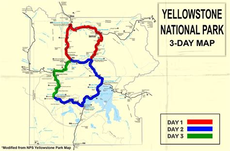 Yellowstone In 3 Days Map Red Blue Green