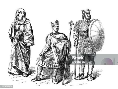 Anglosaxon Dalam Pakaian Khas Wanita Bangsawan Raja Dan Prajurit Ilustrasi Stok Unduh Gambar