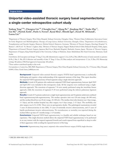 Pdf Uniportal Video Assisted Thoracic Surgery Basal Segmentectomy A