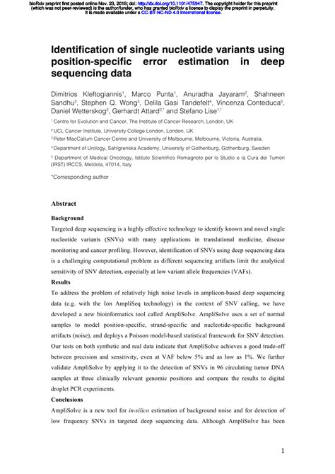 PDF Identification Of Single Nucleotide Variants Using Position Specific Error Estimation In