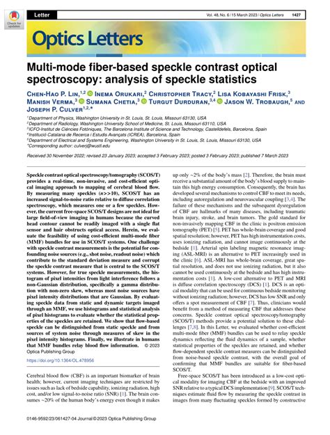 Pdf Multi Mode Fiber Based Speckle Contrast Optical Spectroscopy