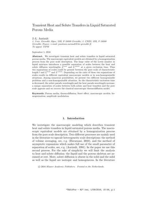 Pdf Transient Heat And Solute Transfers In Liquid Saturated Porous Media