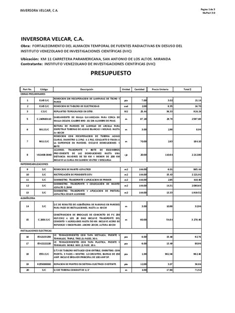 Presupuesto Para Fortalecimiento De Almacen Temporal De Fuentes Radiactivas Ivic Pdf
