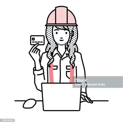 책상에서 노트북 컴퓨터를 사용하고 신용 카드를 들고 건설 현장에서 일하는 여성 공학에 대한 스톡 벡터 아트 및 기타 이미지