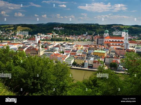 Overlooking City Center Of Passau Confluence Of Rivers Donau And Inn