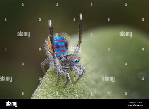 Male Peacock Spider Maratus Speciosus The Coastal Peacock Spider Displaying For A Female