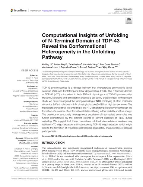 Pdf Computational Insights Of Unfolding Of N Terminal Domain Of Tdp 43 Reveal The