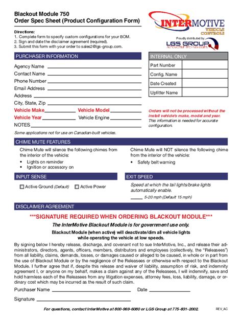 Fillable Online Blackout Module 501 503 506 Order Spec Sheet Product Configuration Form Fax