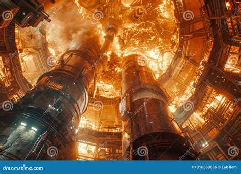 Futuristic Industrial Complex With Fiery Explosions And Orange Glows