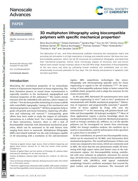 Pdf 3d Multiphoton Lithography Using Biocompatible Polymers With