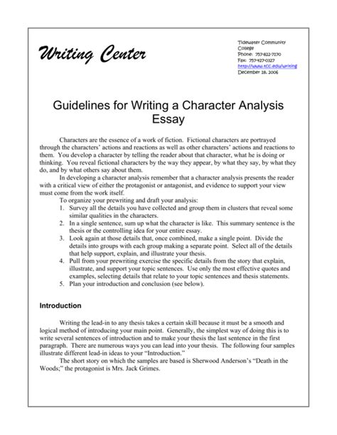 Character Analysis Essay Guidelines Tcc Writing Center