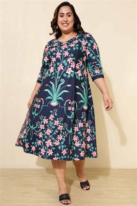 Plus Size Blue Green Floral A Line Dress Amydus