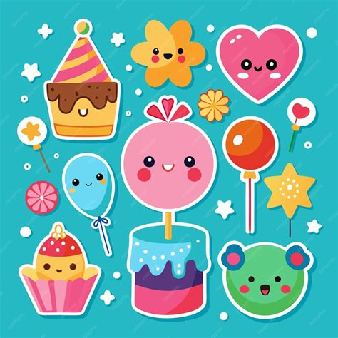 Cute Cartoon Birthday Party Stickers With Happy Faces Premium Ai