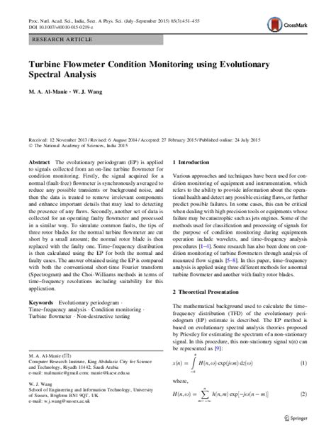 Pdf Turbine Flowmeter Condition Monitoring Using Evolutionary Spectral Analysis