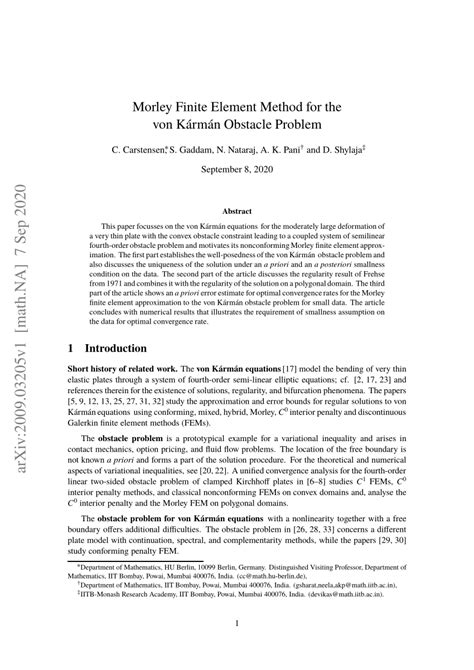 Pdf Morley Finite Element Method For The Von K A Rm A N Obstacle Problem
