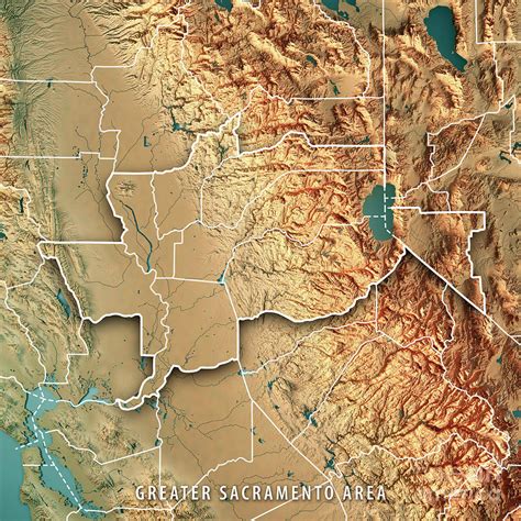 Greater Sacramento Area California Usa 3d Render Topographic Map By