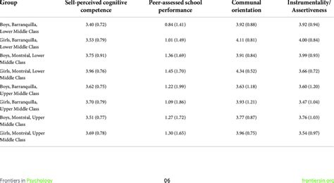 means standard deviations for person level variables for groups