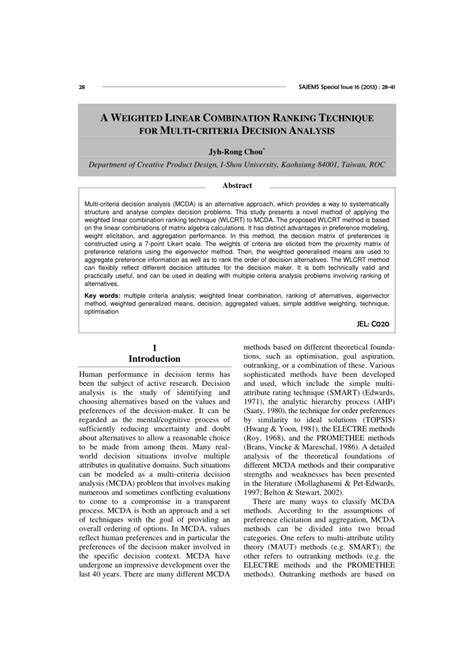 PDF A Weighted Linear Combination Ranking Technique For Multi Criteria Decision Analysis