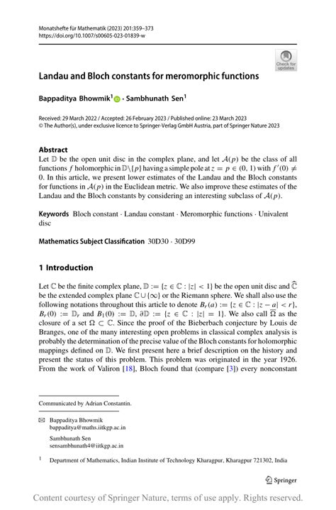 Landau And Bloch Constants For Meromorphic Functions Request Pdf