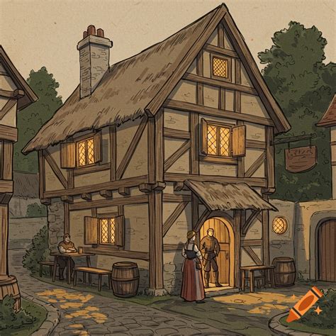 An Illustration Of A Medieval Tavern With Thatched Roof And Timber
