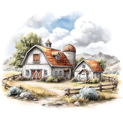 Countryside Farm Clipart Rustic Barn Illustration For Posters