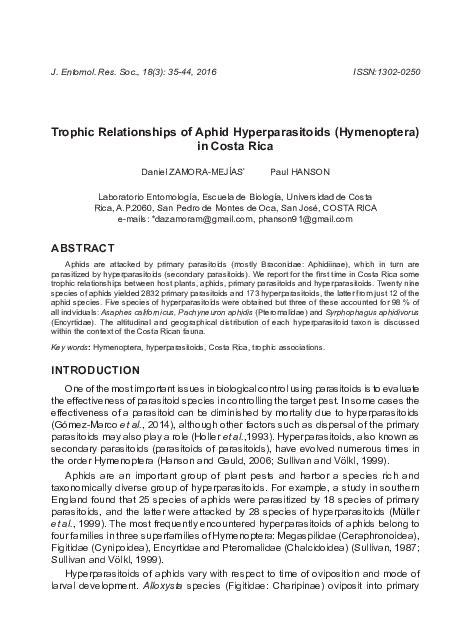 Pdf Trophic Relationships Of Aphid Hyperparasitoids Hymenoptera In