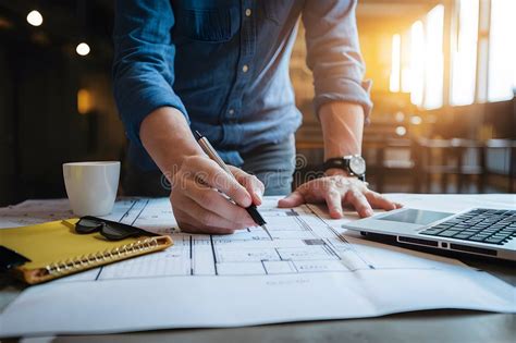 Hands Of Engineer Working On Blueprint Architecture Interior Concept Photo Stock Illustration