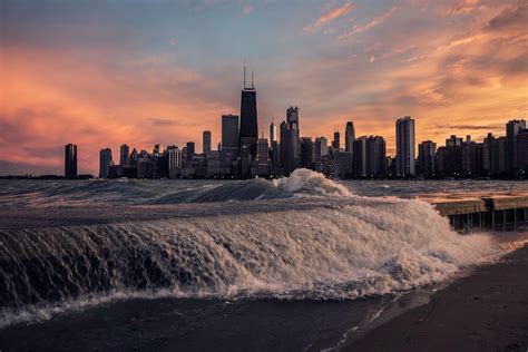 Chicago Skyline Sunset Lake Michigan Waves North Avenue B Flickr