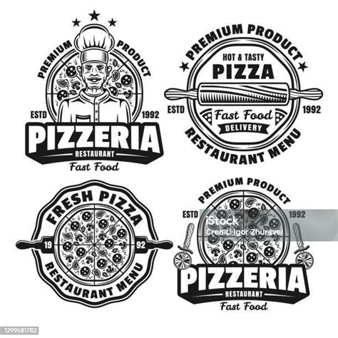 피자와 피자 세트네 벡터 엠블럼 배지 라벨 흰색 배경에 고립 된 빈티지 흑백 스타일의 로고 디자인에 대한 스톡 벡터 아트 및 기타 이미지 Istock