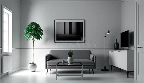 Modern Minimalistic Interior Design Of Light Bright Monochrome Room With Black And White