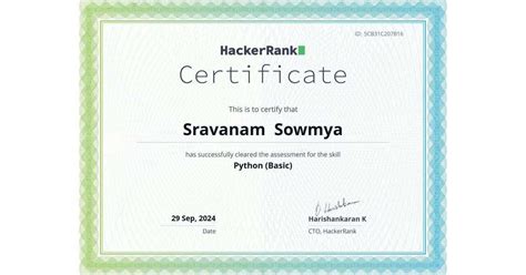 Excited To Share That Ive Earned My Hackerrank Python Basic Skills Certificate Sowmya Sravanam