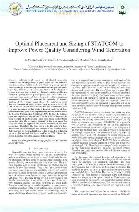 Pdf Optimal Placement And Sizing Of Statcom To Improve Power Quality Considering Wind Generation