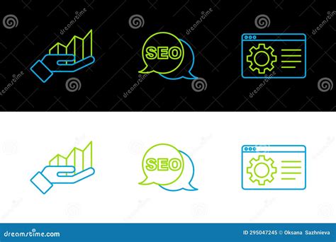Set Line Browser Setting Pie Chart Infographic And SEO Optimization Icon Vector Stock