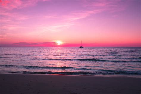 Beautiful Sunset On The Beach Pink Sky On Twilight Time And Reflection