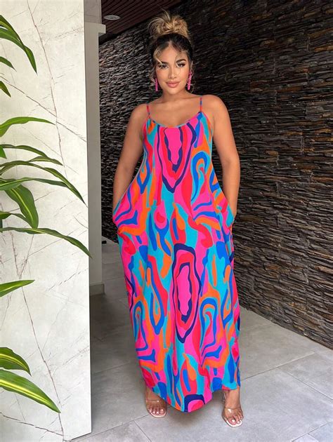 Shein Sxy Summer Beach Abstract Printed Spaghetti Strap Dress Shein