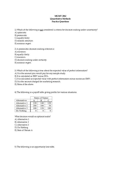 Mgmt 2012 Practice Coursework 2023 Mgmt 2012 Quantitative Methods Practice Questions Which Of