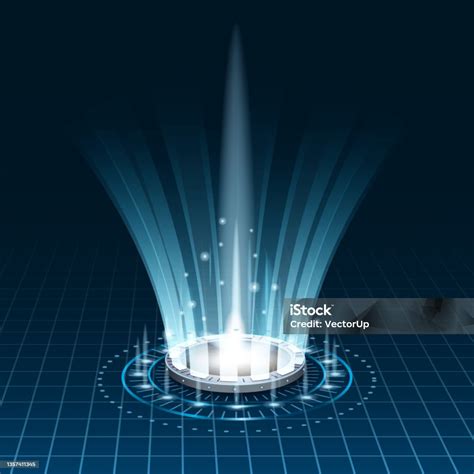 미래 포털 스카이 파이 디지털 광선과 빛 연단 프로젝터가있는 원형 과학 텔레포트 터널 벡터 일러스트레이션 블랙 블루 배경 3차원 형태에 대한 스톡 벡터 아트 및 기타 이미지