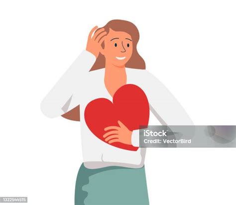자신을 껴안고 행복한 여자 자기 사랑과 보살핌을 표현하는 긍정적 인 여성 자신을 사랑하기위한 벡터 일러스트 몸 긍정적 자신감 개념 가공의 인물에 대한 스톡 벡터 아트 및