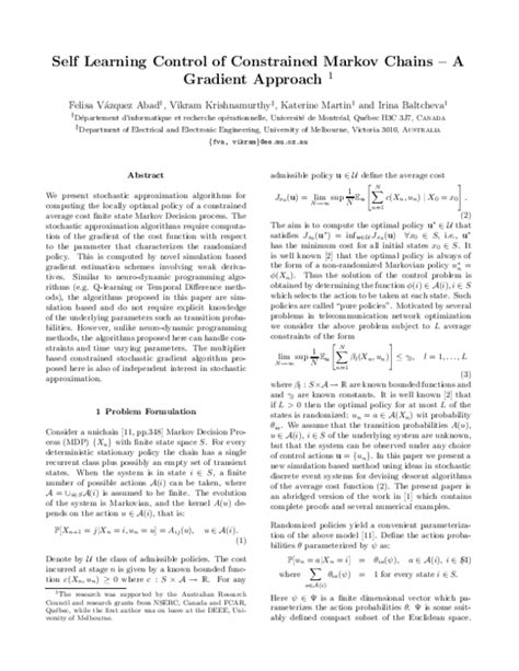 Pdf Self Learning Control Of Constrained Markov Chains A Gradient Approach