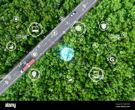 Autonomous Car And Truck Technology On Highway Aerial Drone View Of