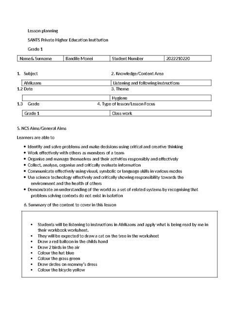 Afrikaans Lesson Planning Sants Private Higher Education Institution Grade 1 Nameand Surname