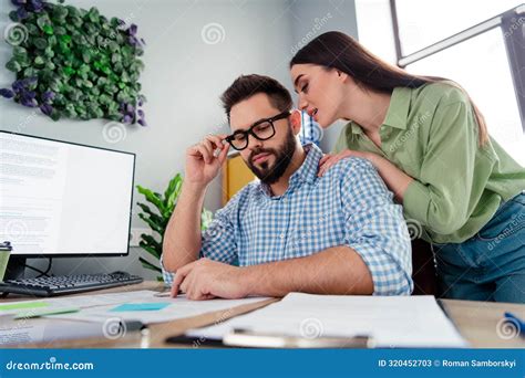 Photo Of Two Business People Girl Seduce Male Coworker Teasing In