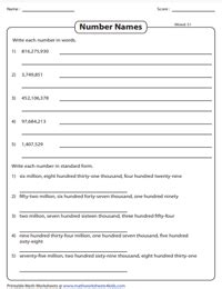 Large Numbers In Words Worksheets Millions
