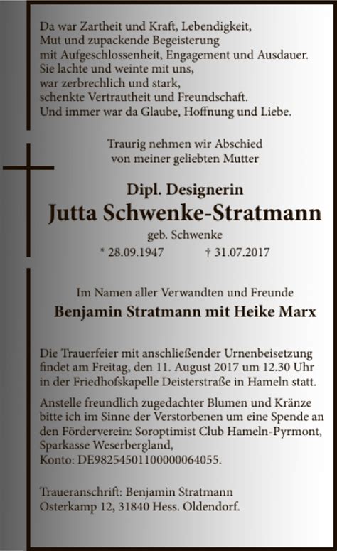 Traueranzeigen Von Jutta Schwenke Stratmann Trauerportal Ihrer