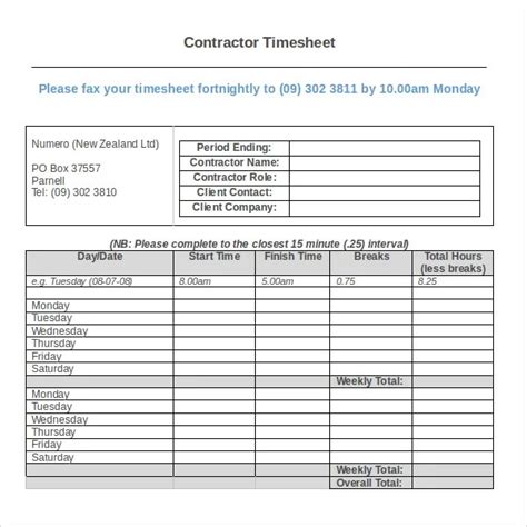 Contractor Timesheet Template