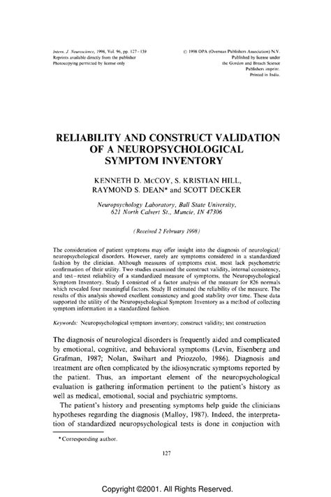 Pdf Reliability And Construct Validation Of A Neuropsychological
